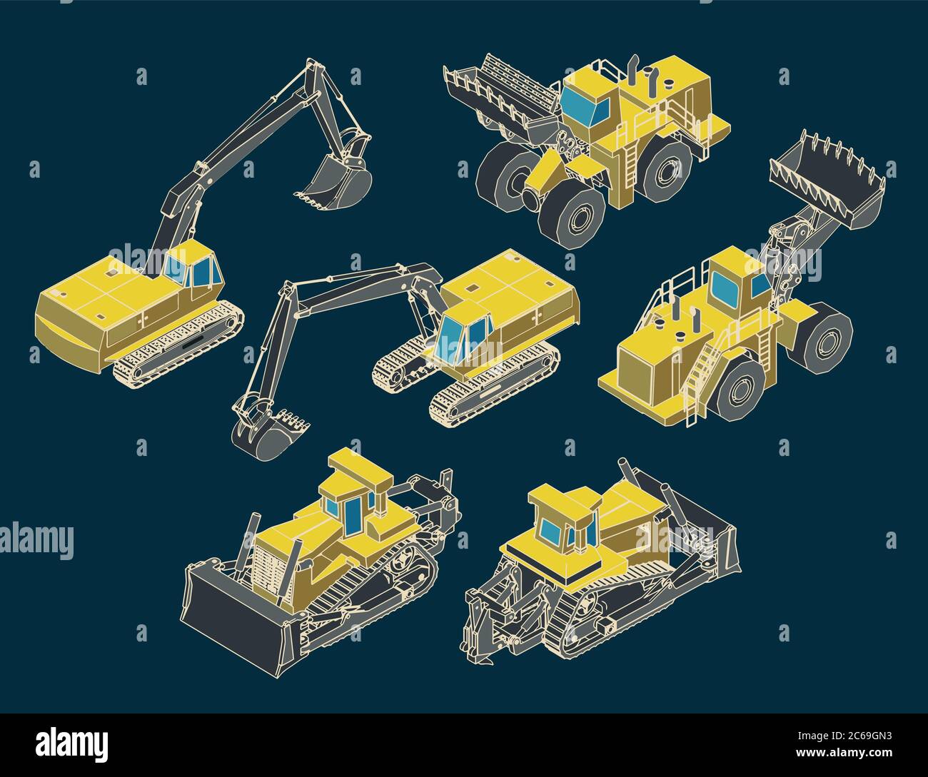 Set of stylized vector illustrations of Construction heavy equipment ...