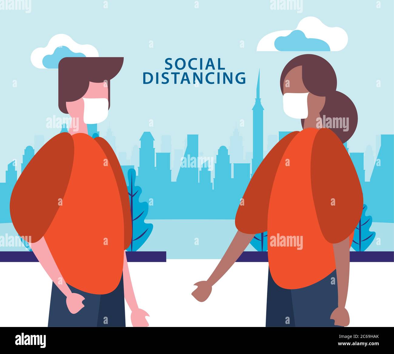 couple using face masks with social distancing for covid19 vector ...