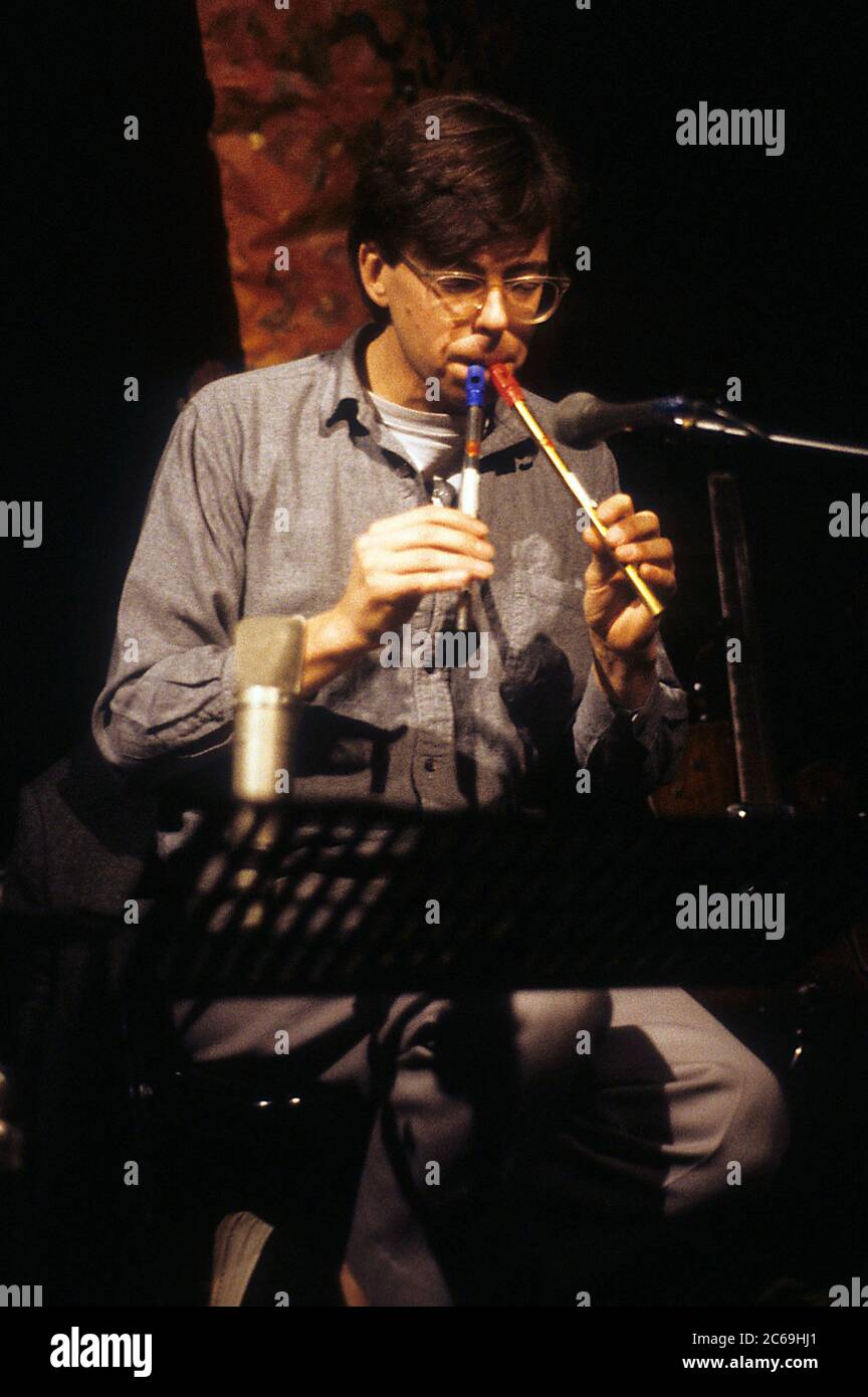 Simon Jeffes from the Penguin Cafe Orchestra doing a sound check at the ...