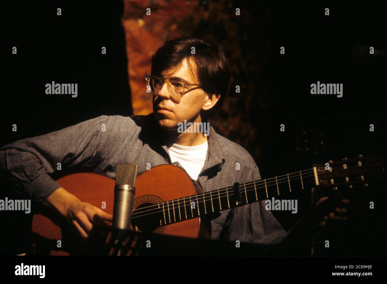 Simon Jeffes from the Penguin Cafe Orchestra doing a sound check at the ...