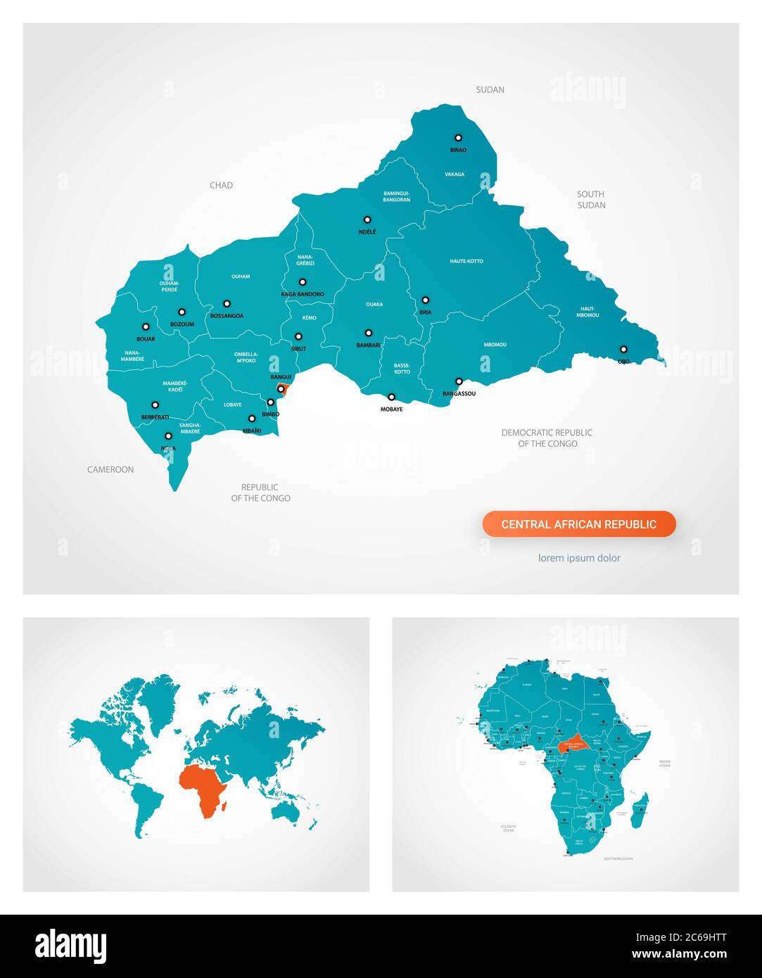Editable template of map of Central African Republic with marks ...