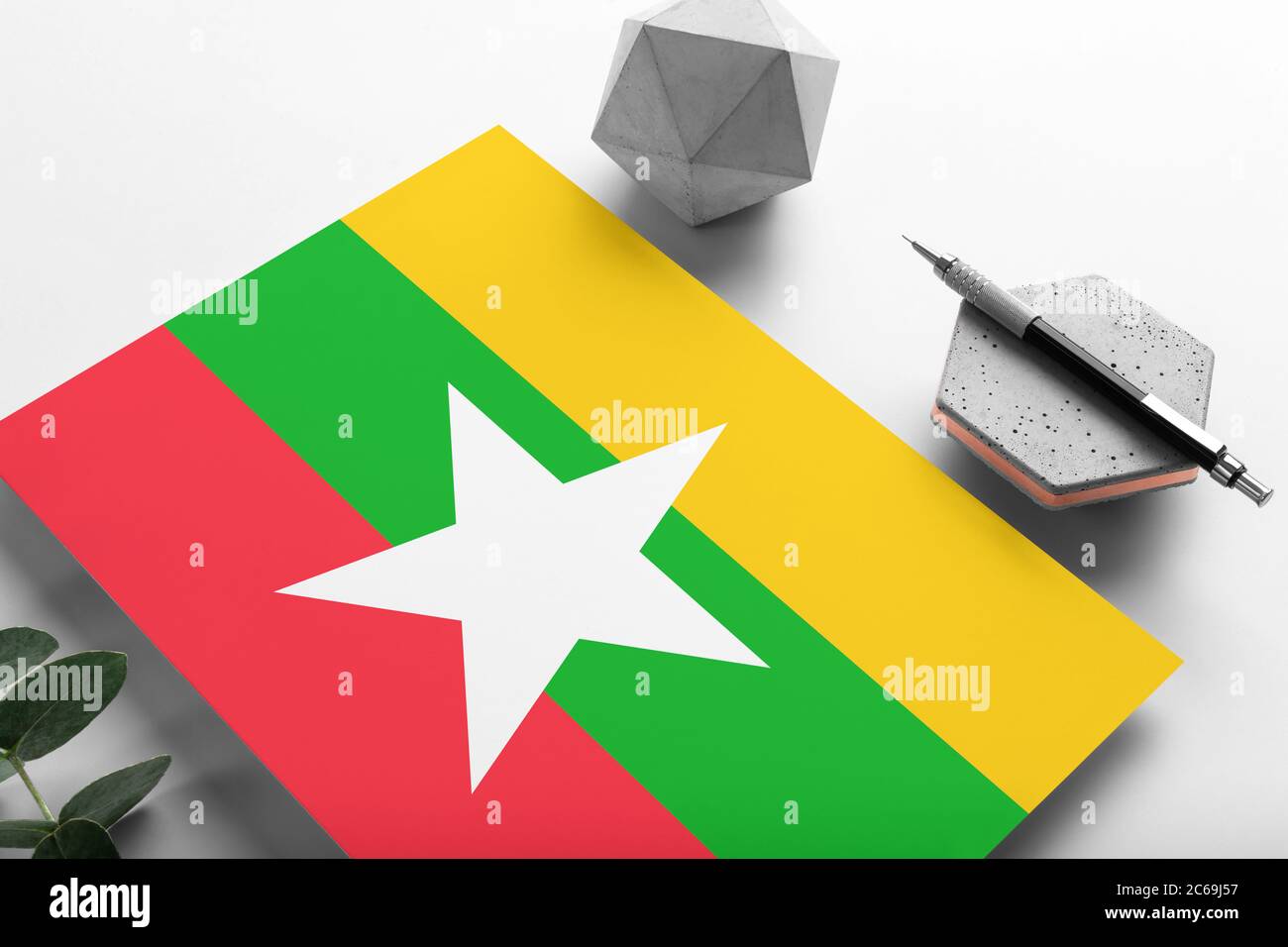 Myanmar flag on minimalist paper background. National invitation letter ...