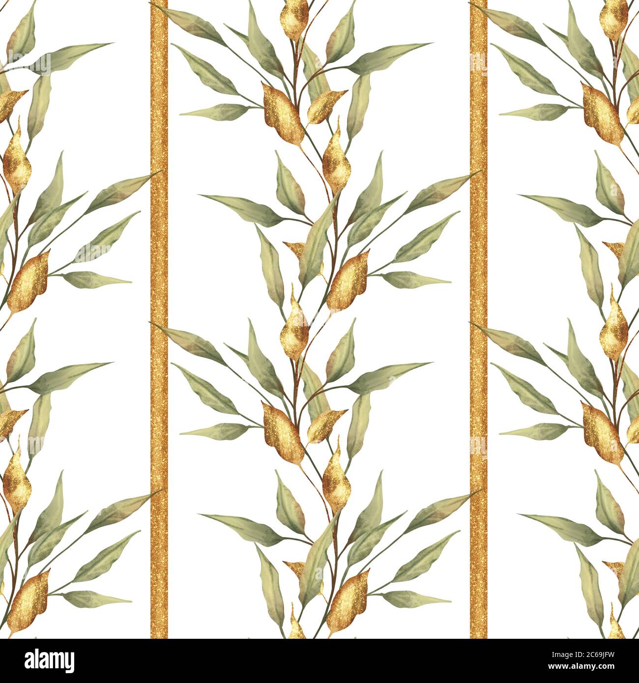Seamless floral pattern with green and gold leaves Stock Photo - Alamy