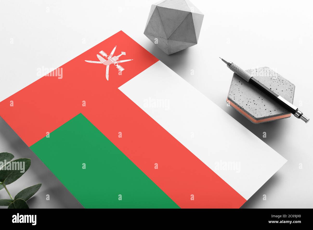 Oman flag on minimalist paper background. National invitation letter ...