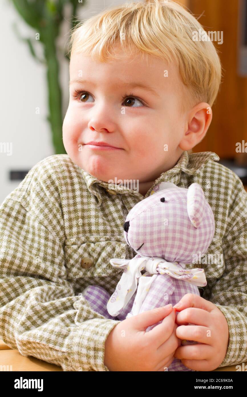 little boy with cuddly toy, half-length portrait, Germany Stock Photo ...