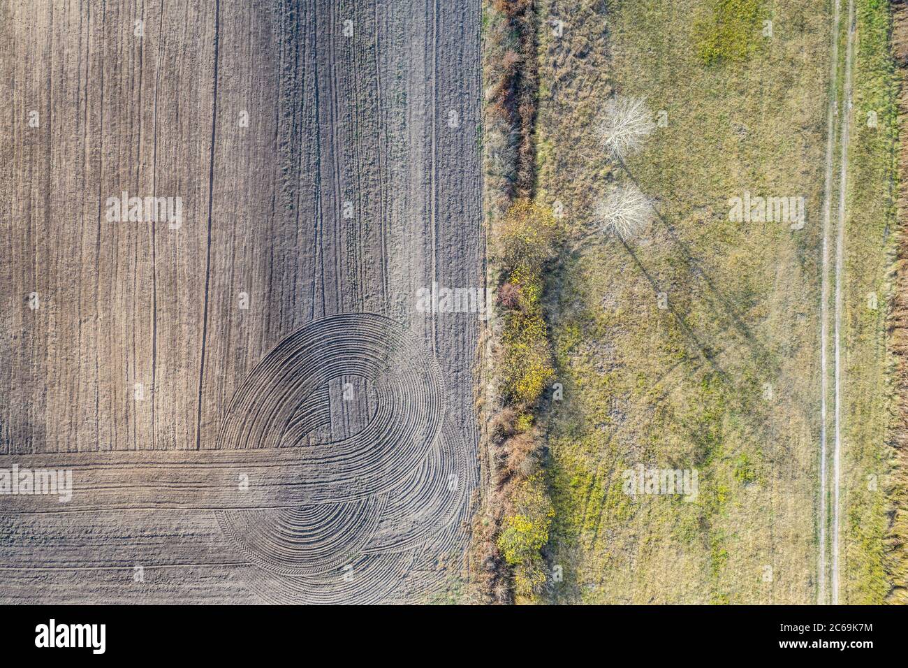 Dry autumn landscape, aerial view of field and forest, artistic ...