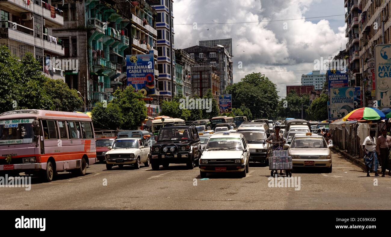 The busy traffic congested roads of Yangon, Myanmar, formally Rangoon ...