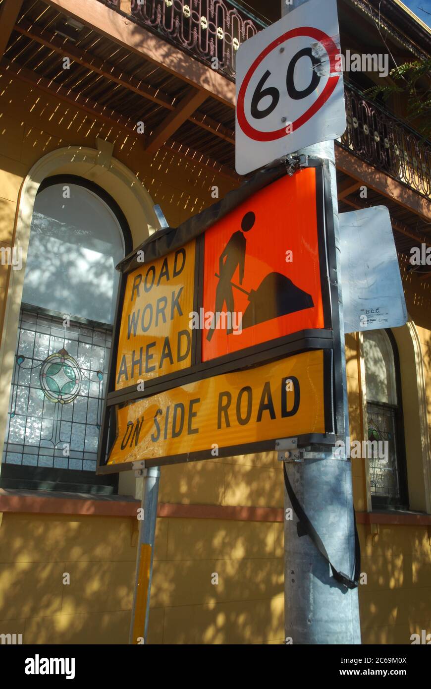 Road Work Ahead Sign, Gregory Terrace, Brisbane, Queensland, Australia ...