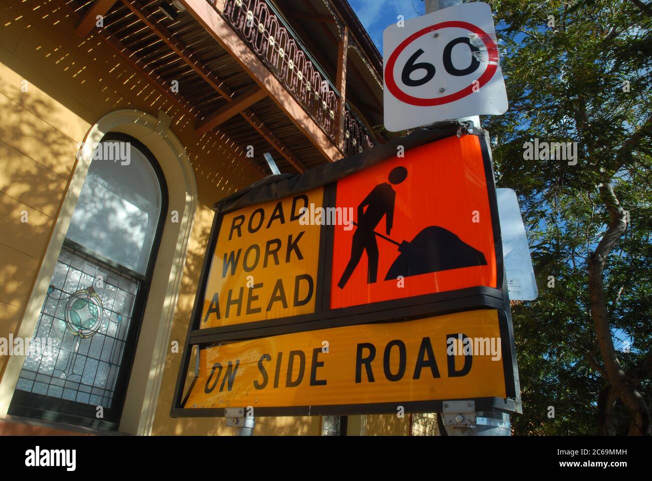 Road Work Ahead Sign, Gregory Terrace, Brisbane, Queensland, Australia ...
