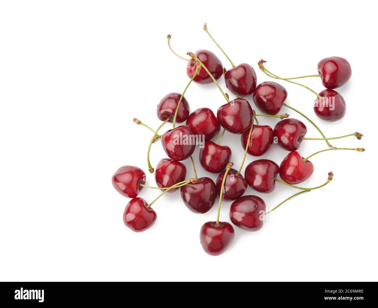 whole ripe red juicy sweet cherries isolated on a white background, top ...
