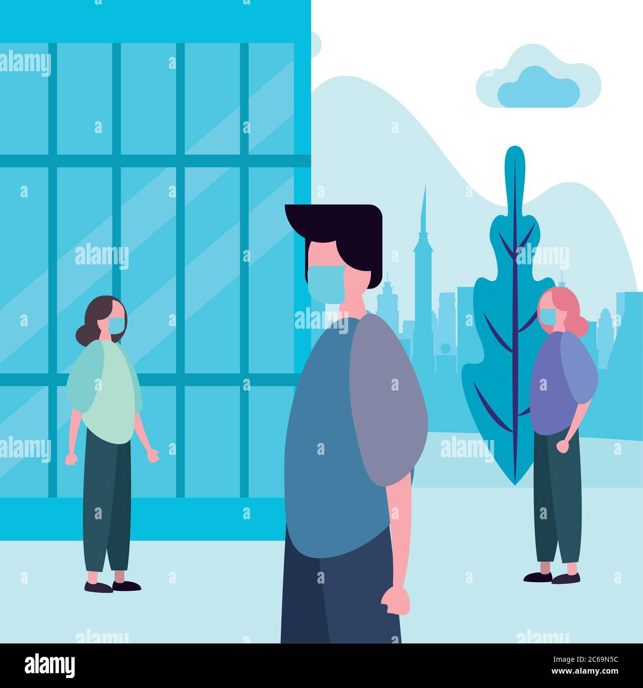 people using face masks with social distancing for covid19 vector ...