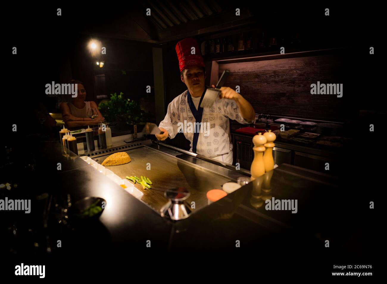 May, 2018 - Ari Atoll, Maldives: Happy teppanyaki chef cooking ...