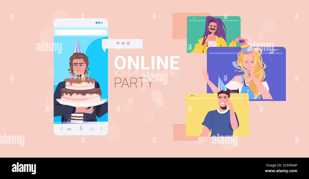 people celebrating online party friends having virtual fun celebration ...