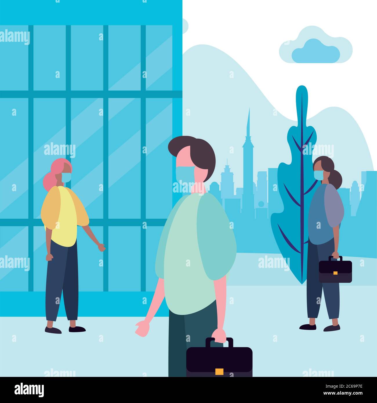 people using face masks with social distancing for covid19 vector ...