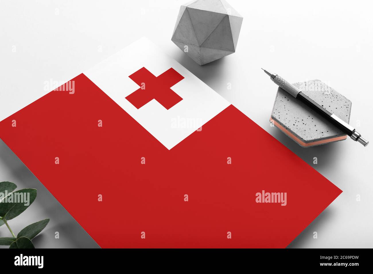 Tonga flag on minimalist paper background. National invitation letter ...