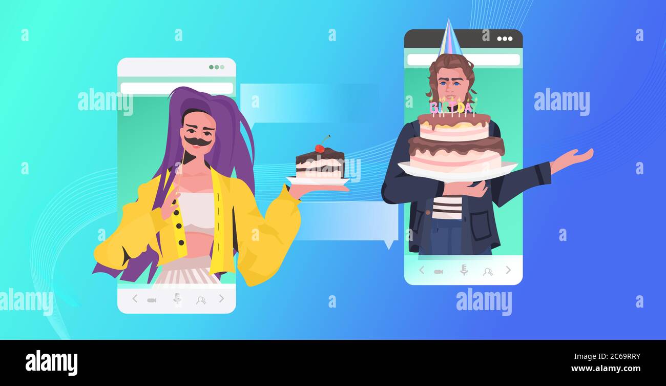couple celebrating online party friends having virtual fun celebration ...