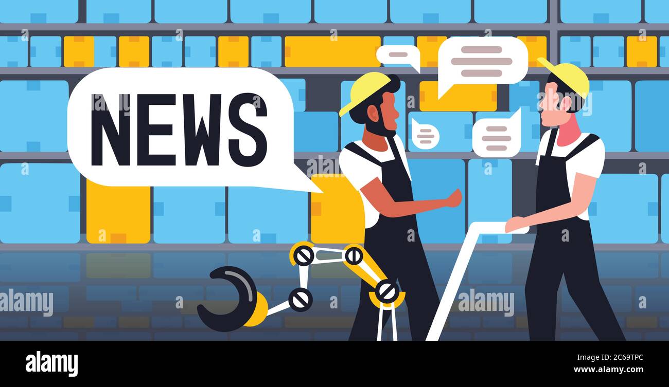 warehouse workers chatting during meeting discussing daily news chat ...