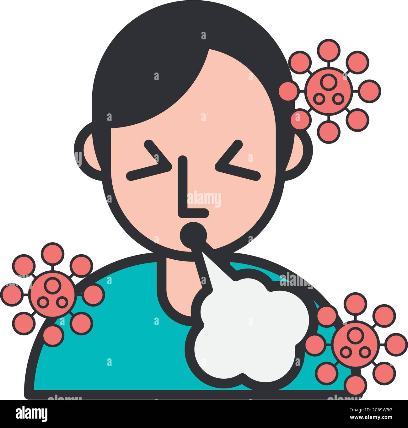 person with cough covid19 symptom and particles vector illustration ...