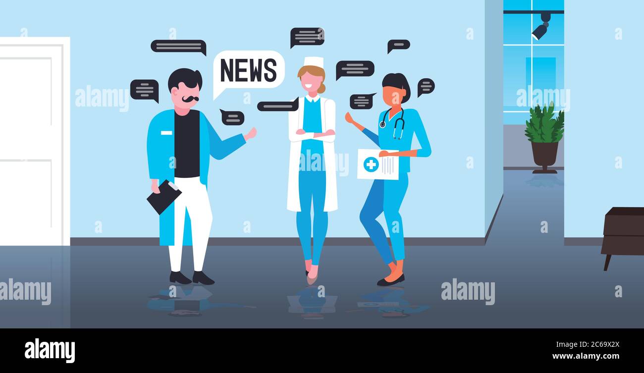 doctors team chatting during meeting discussing daily news chat bubble ...
