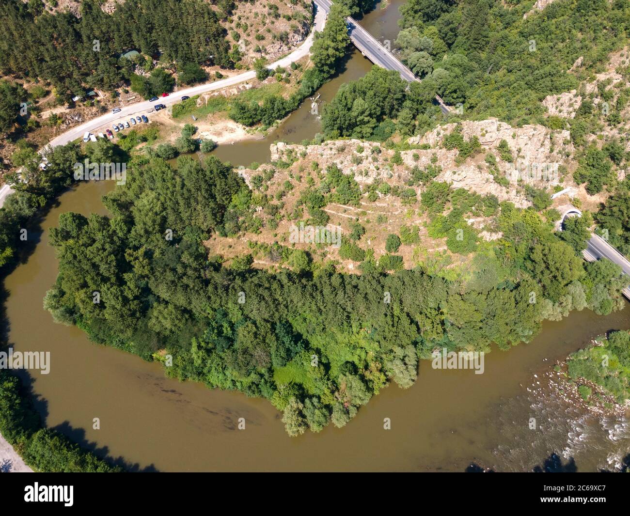 Aerial view of Struma River passing through the Kresna Gorge, Bulgaria ...