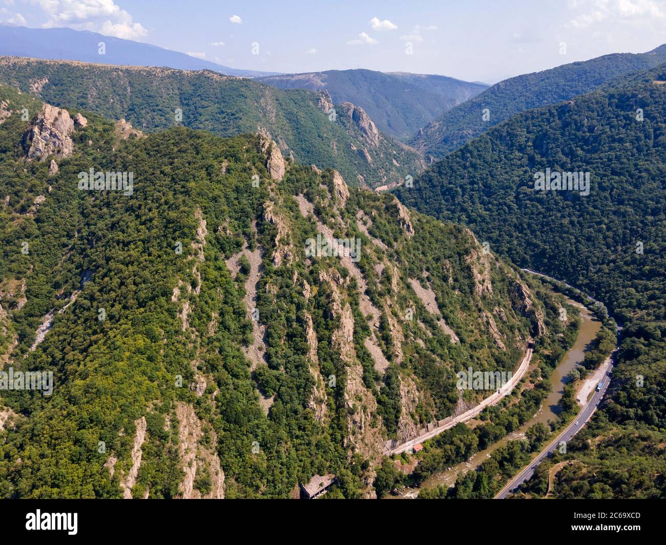 Aerial view of Struma River passing through the Kresna Gorge, Bulgaria ...