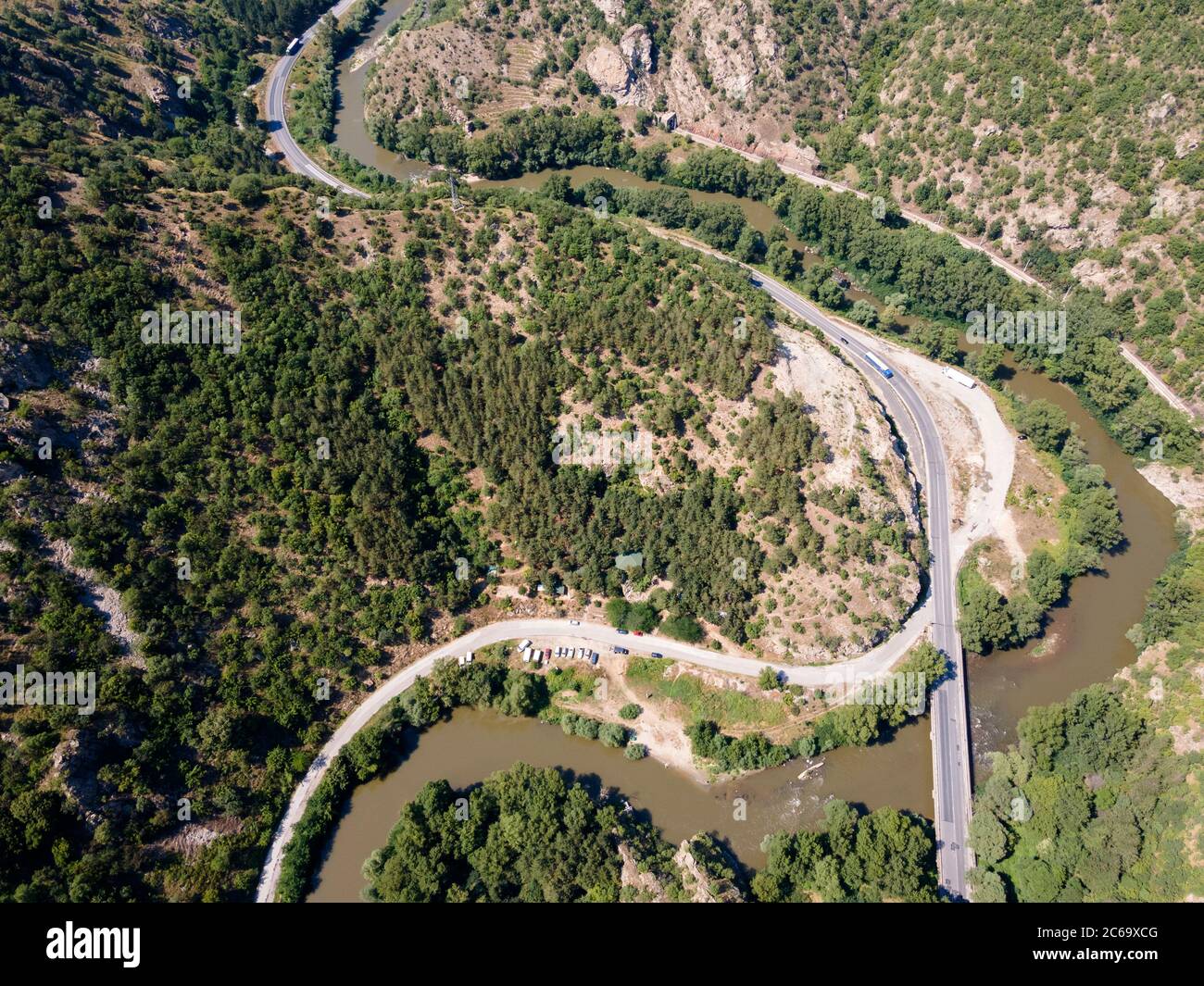 Aerial view of Struma River passing through the Kresna Gorge, Bulgaria ...
