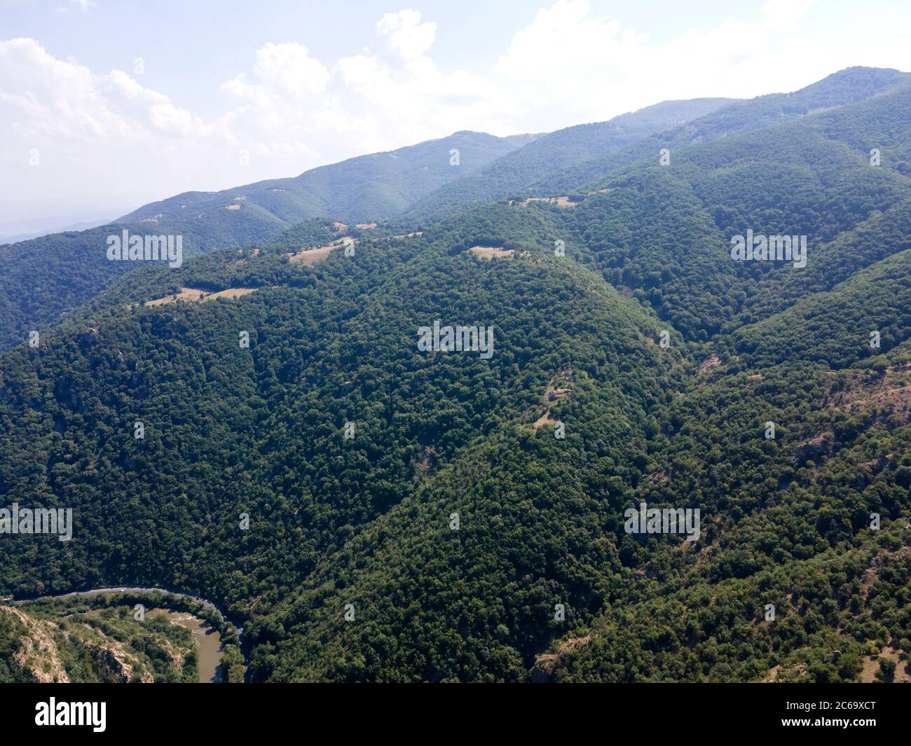 Aerial view of Struma River passing through the Kresna Gorge, Bulgaria ...