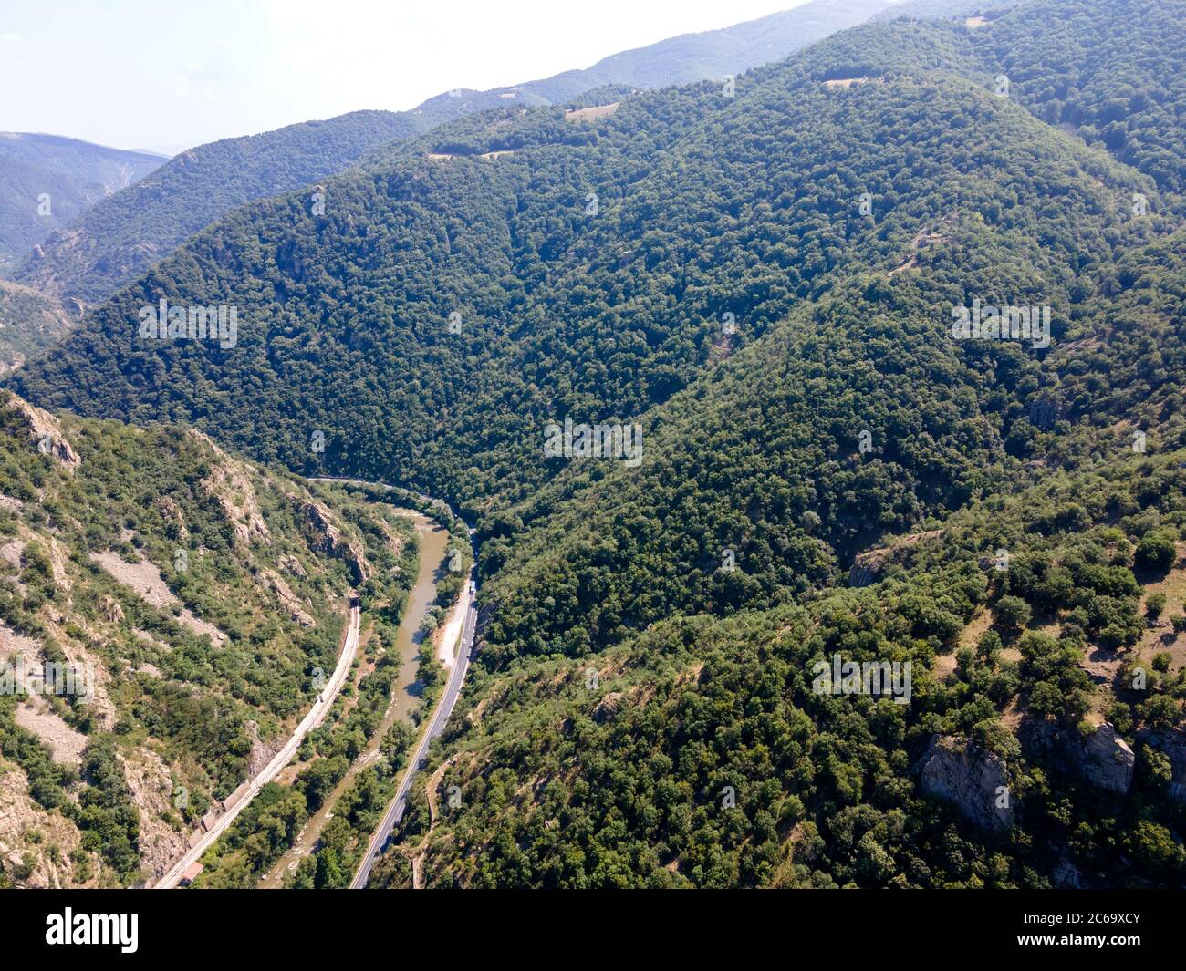 Aerial view of Struma River passing through the Kresna Gorge, Bulgaria ...