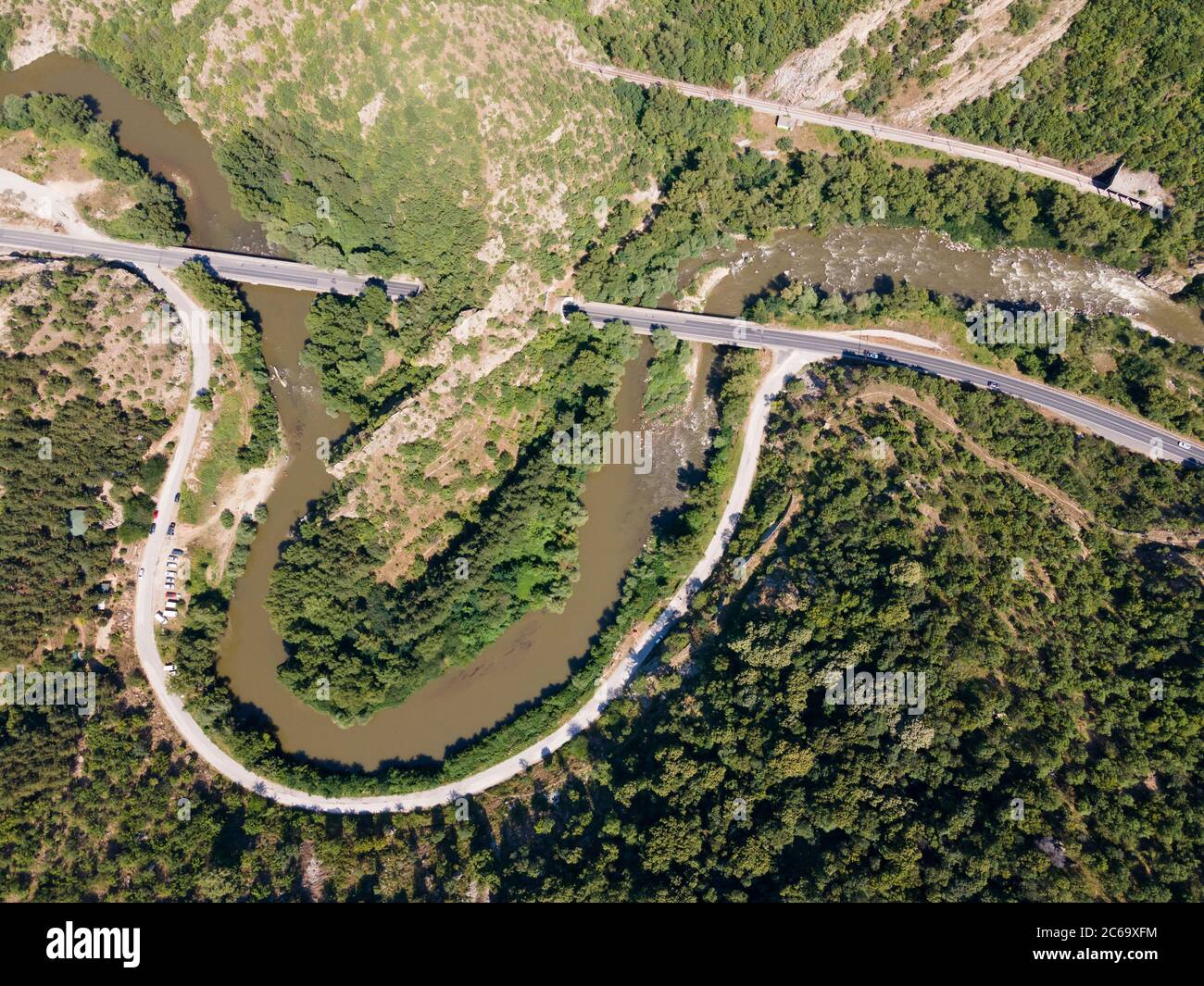 Aerial view of Struma River passing through the Kresna Gorge, Bulgaria ...