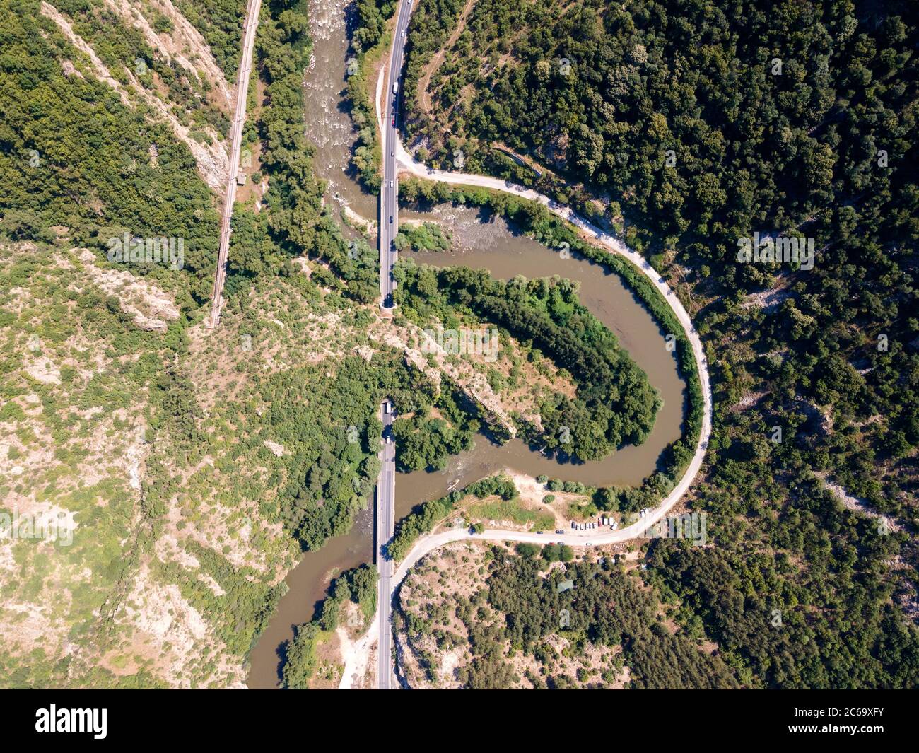 Aerial view of Struma River passing through the Kresna Gorge, Bulgaria ...