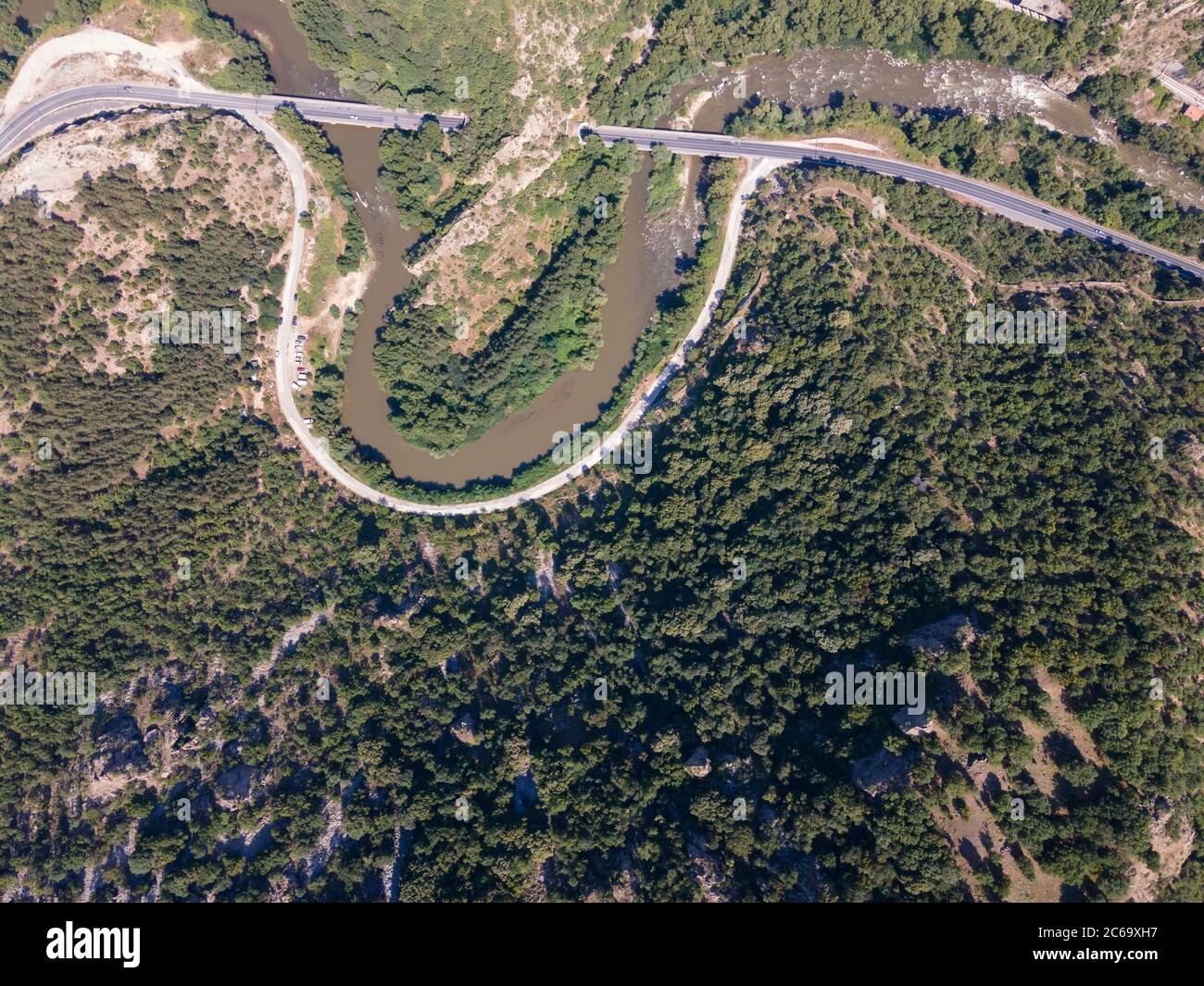 Aerial view of Struma River passing through the Kresna Gorge, Bulgaria ...