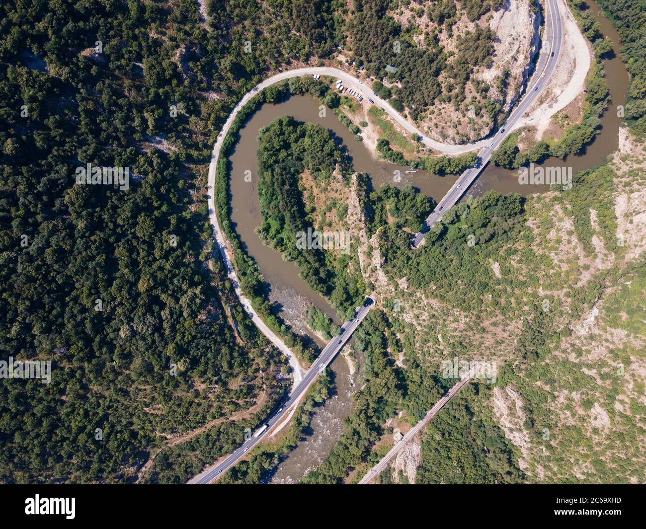 Aerial view of Struma River passing through the Kresna Gorge, Bulgaria ...