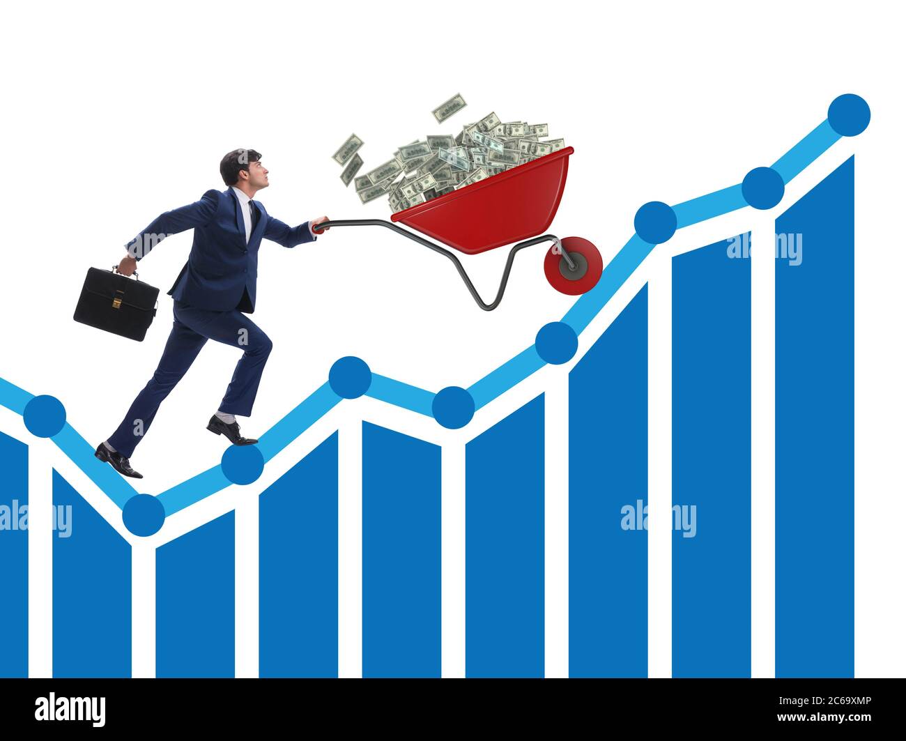 The businessman pushing wheelbarrow full of dollar money Stock Photo ...