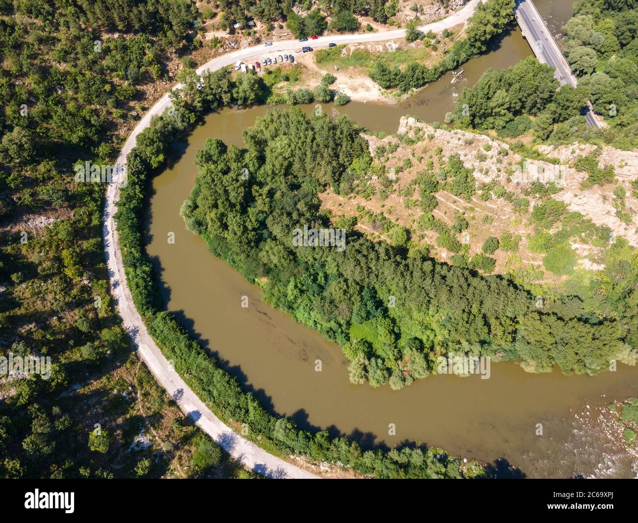 Aerial view of Struma River passing through the Kresna Gorge, Bulgaria ...