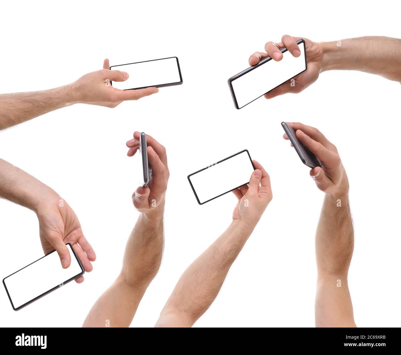 Set of hands picking up a mobile phone in various ways white isolated ...