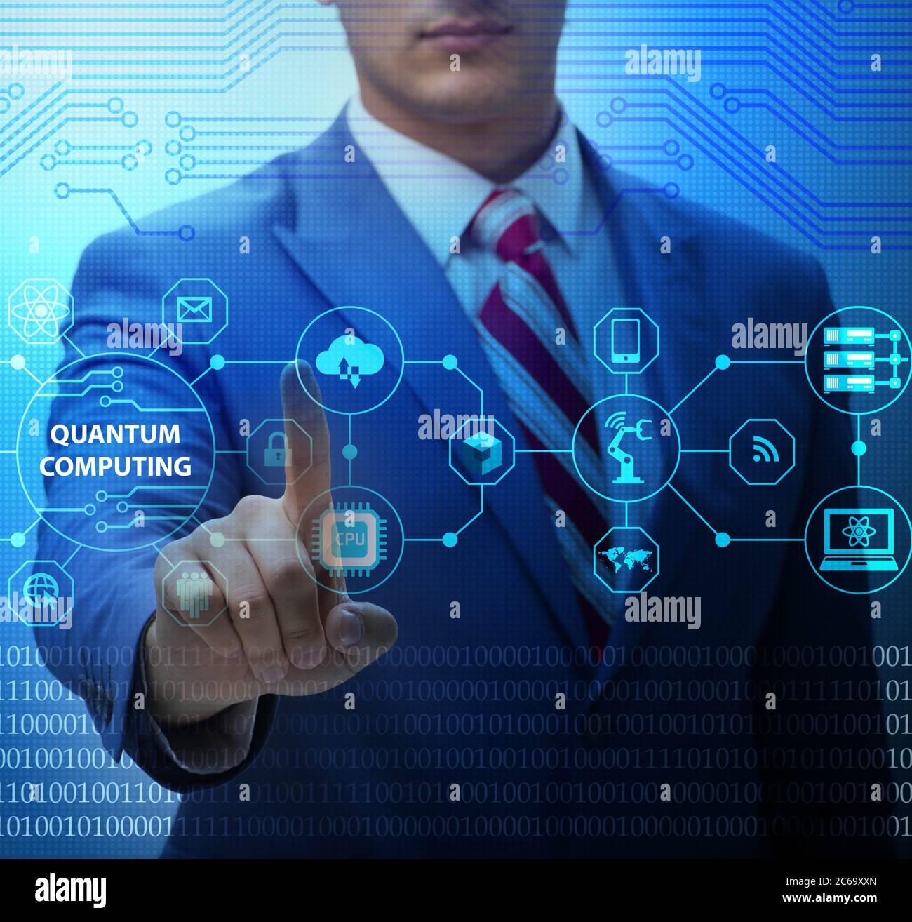 The businessman pressing virtual button in quantum computing concept Stock Photo - Alamy