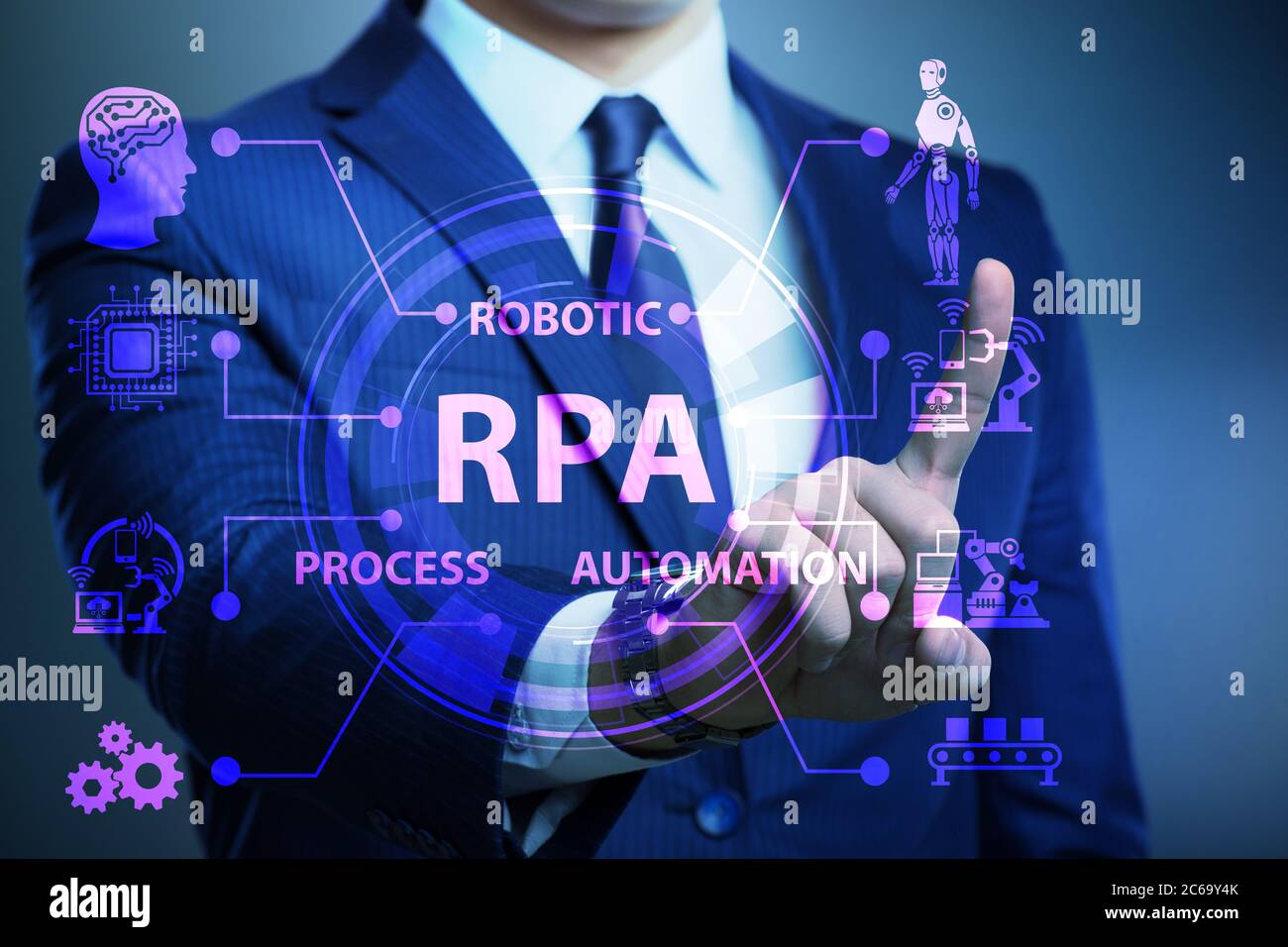 Businessman pressing buttons in the RPA concept Stock Photo - Alamy