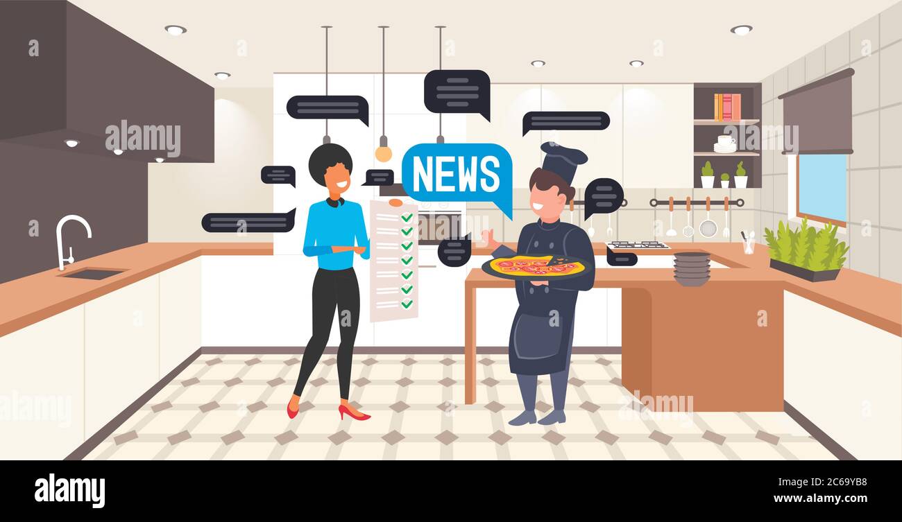 waitress and chef cook discussing daily news chat bubble communication ...