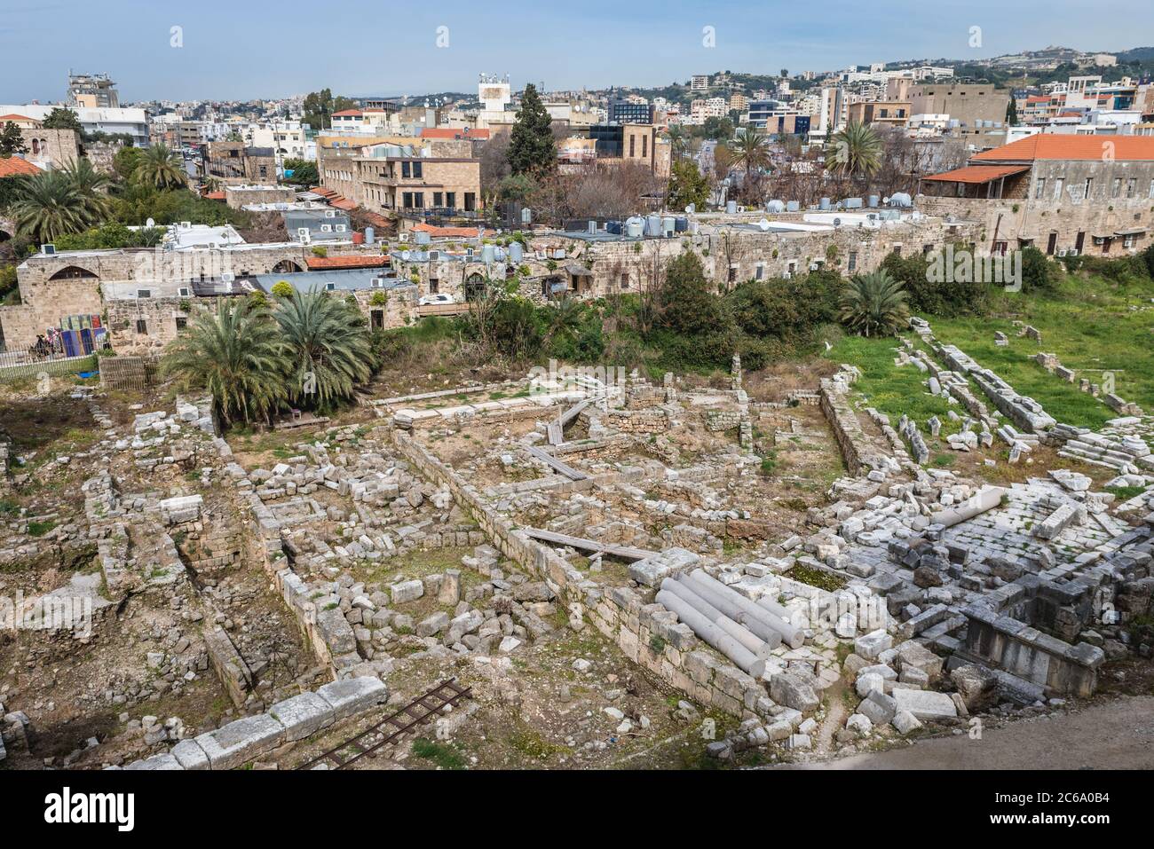 Roman nymphaeum seen from crusader castle in Byblos, largest city in ...