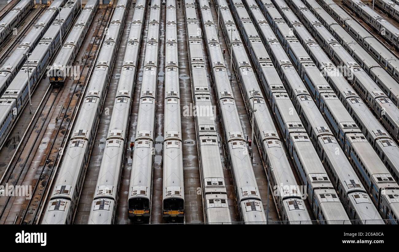High angle close-up aerial view of Hudson Yards train depot with train ...