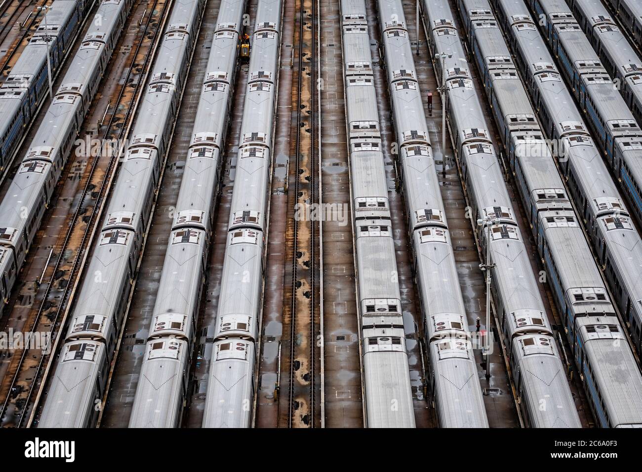 High angle close-up aerial view of Hudson Yards train depot with train ...