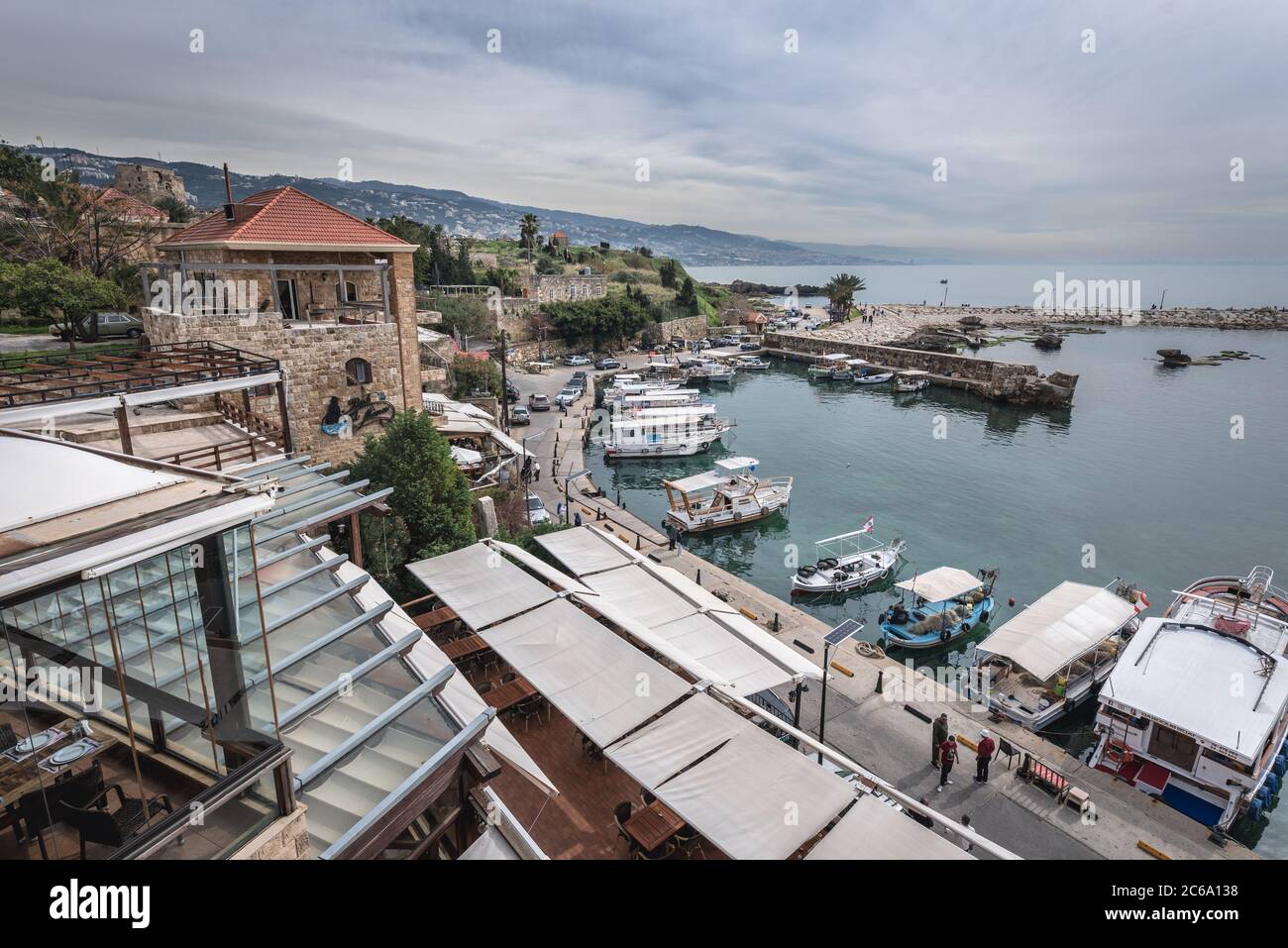 Aerial view in port of Byblos, largest city in the Mount Lebanon ...