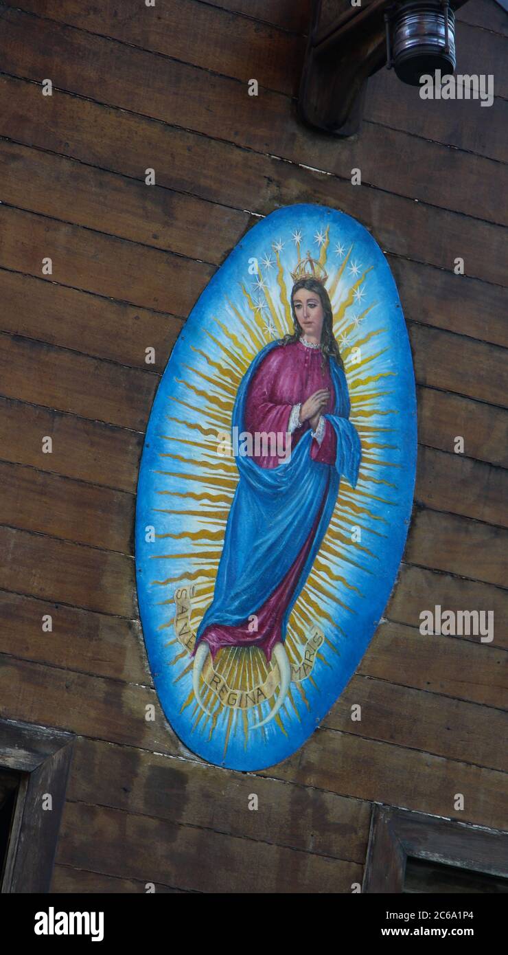 Detail of Virgin Mary on the stern of the replica of the Victoria ship ...