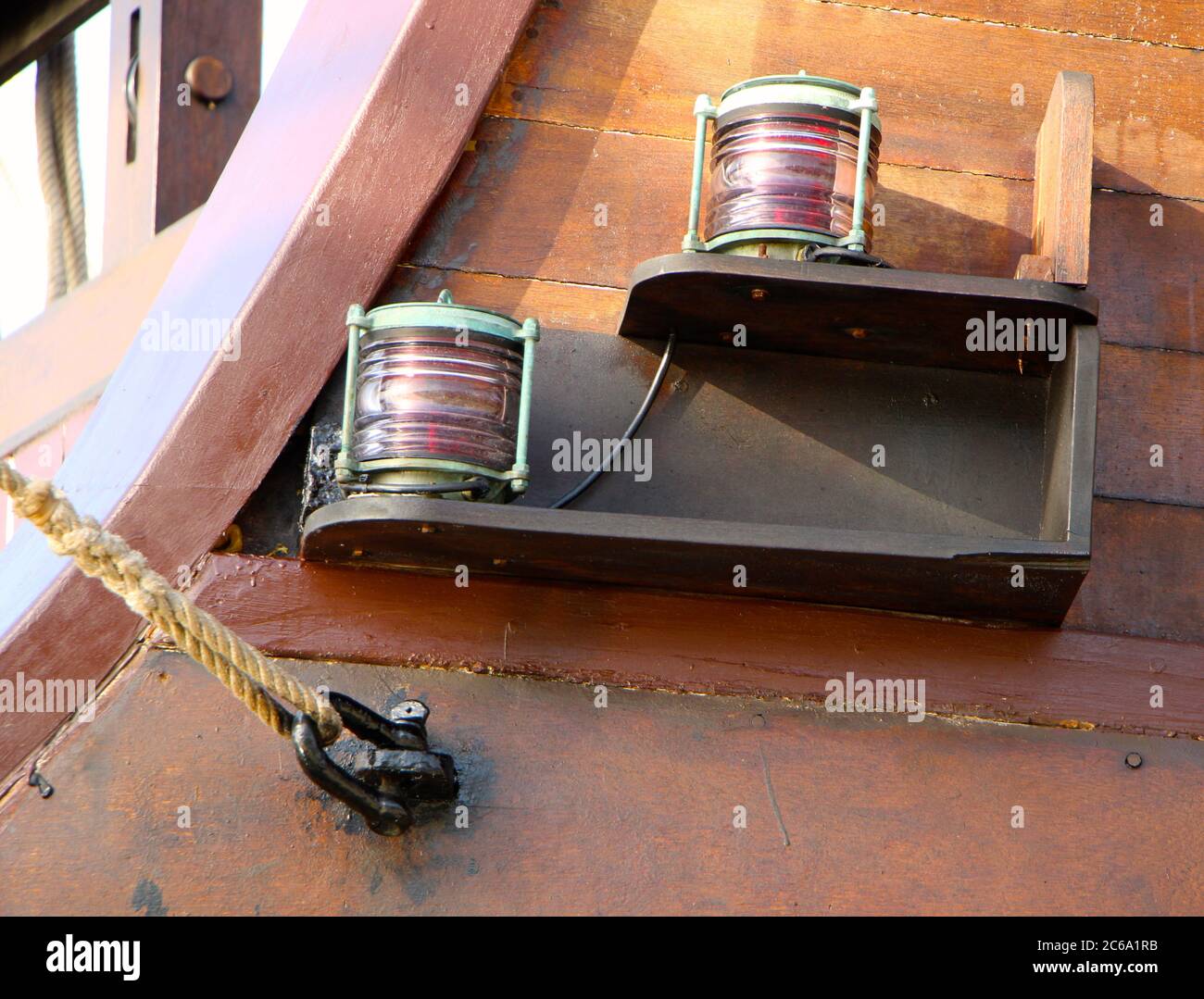 Close up Red port navigation lights on the replica of the Victoria ship ...