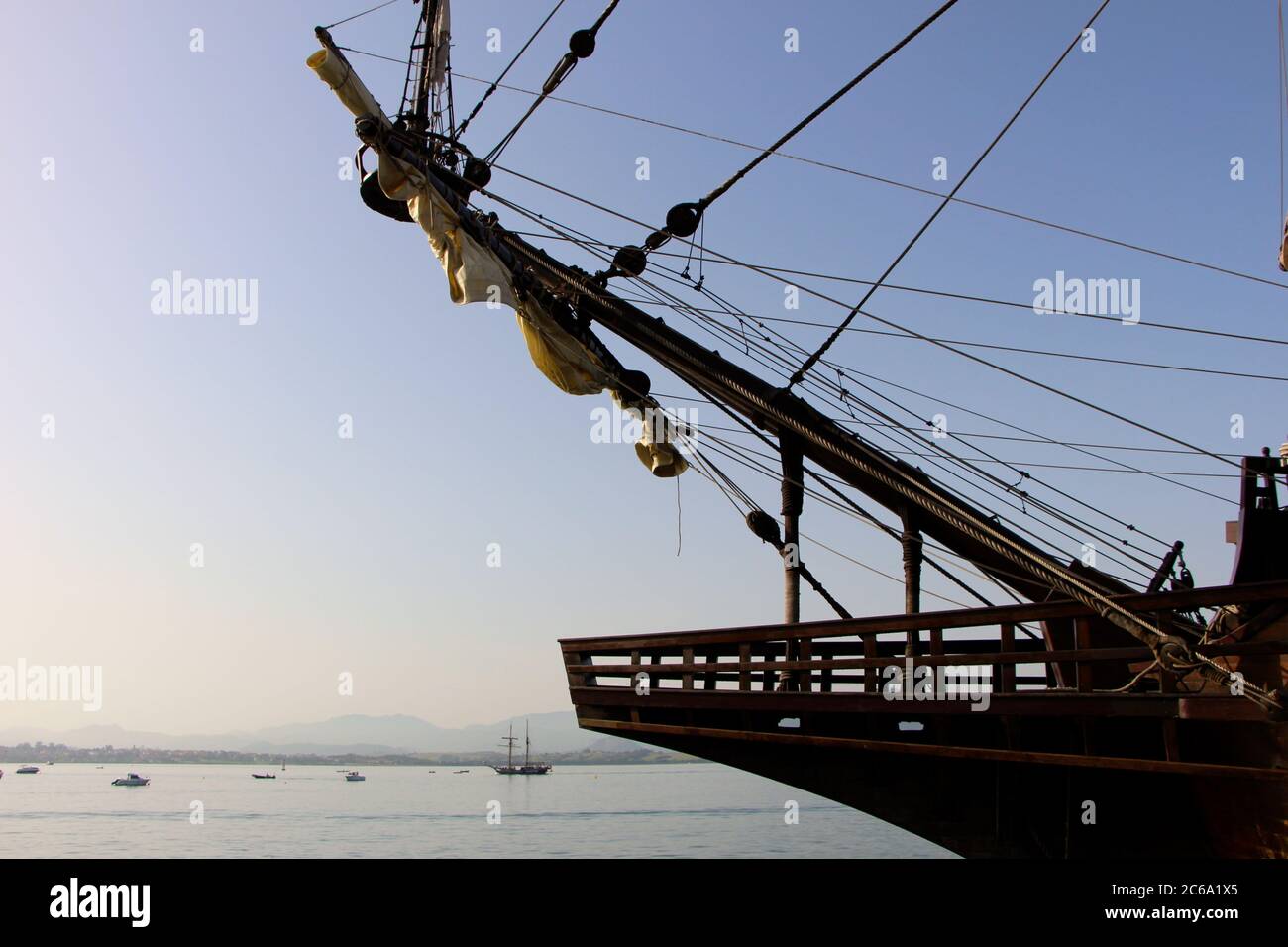 Bow of the replica of the Victoria the first ship to circumnavigate the ...