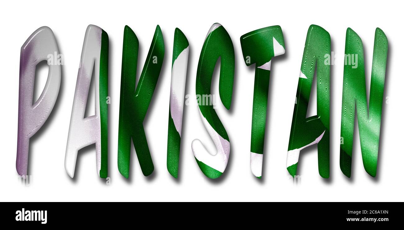 Pakistan word with a flag texture on an isolated white background with ...