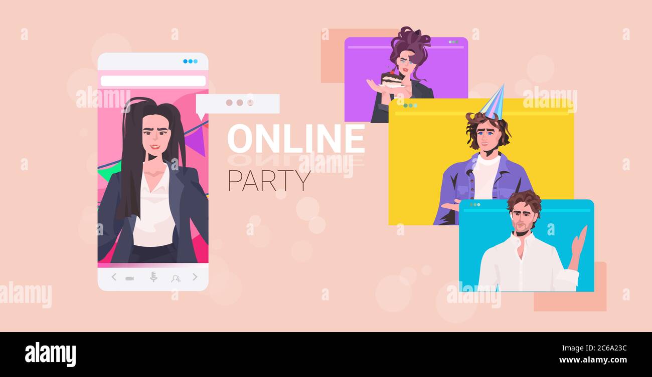 people celebrating online party friends having virtual fun celebration ...