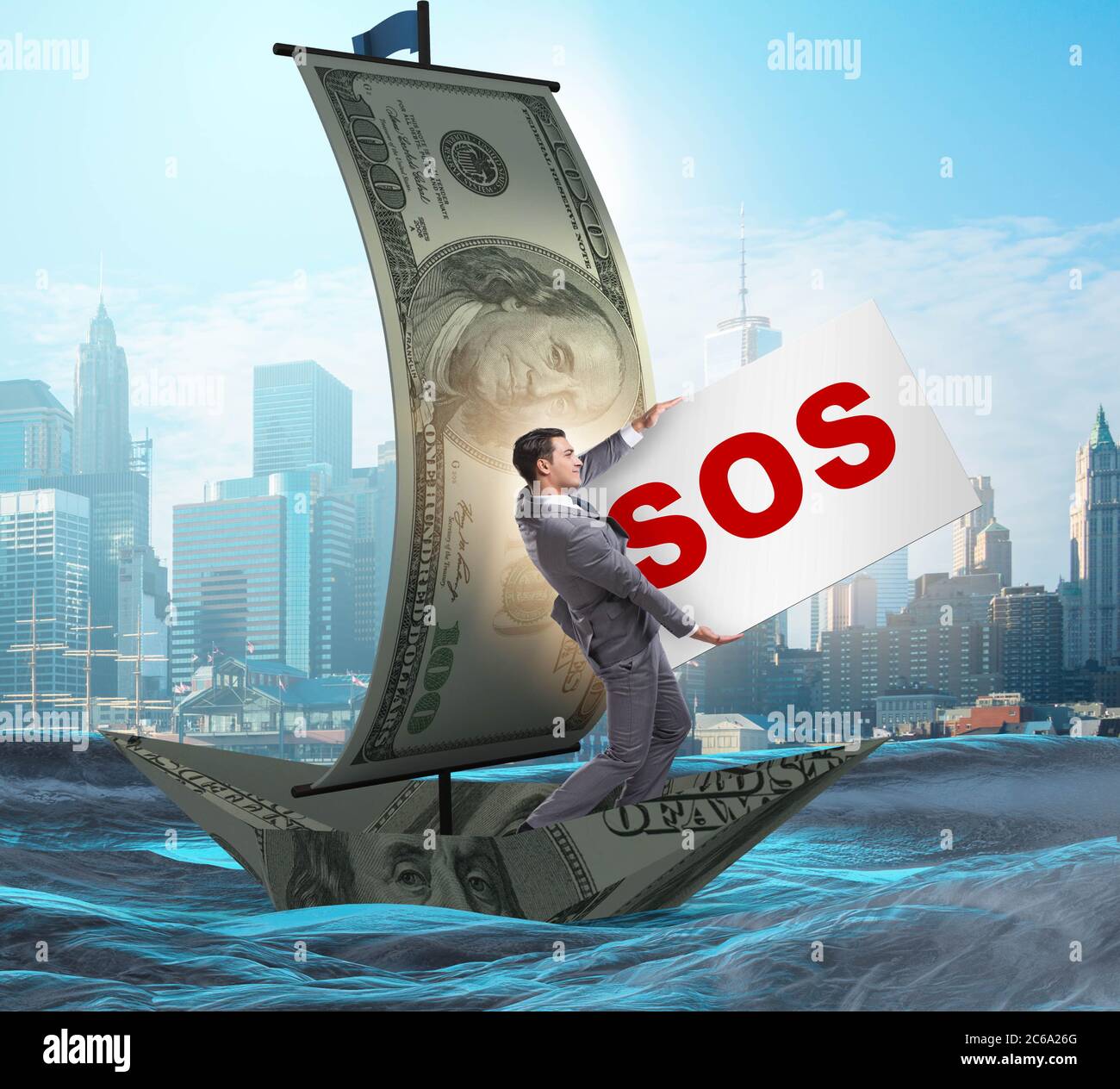 The businessman asking for help with sos message on boat Stock Photo ...