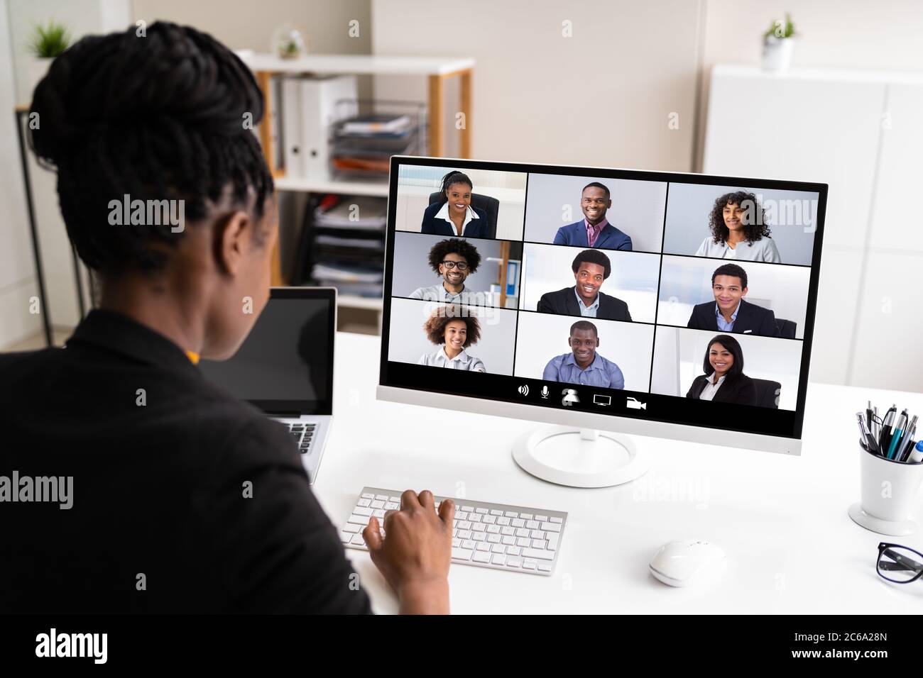 African Woman Video Conference Business Call On Computer Screen Stock ...