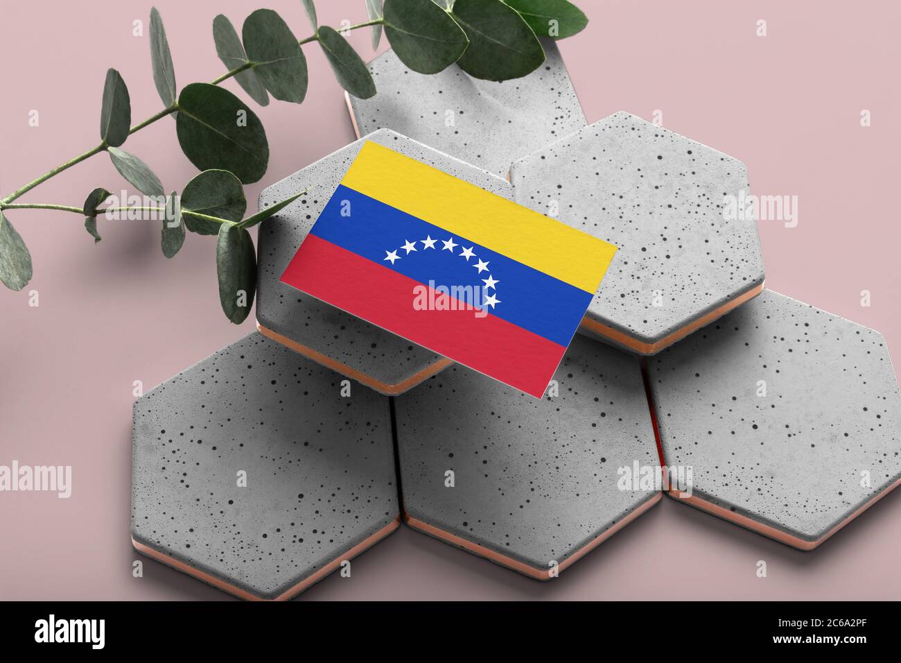 Venezuela flag on hexagon stylish stones. Pink copy space background ...